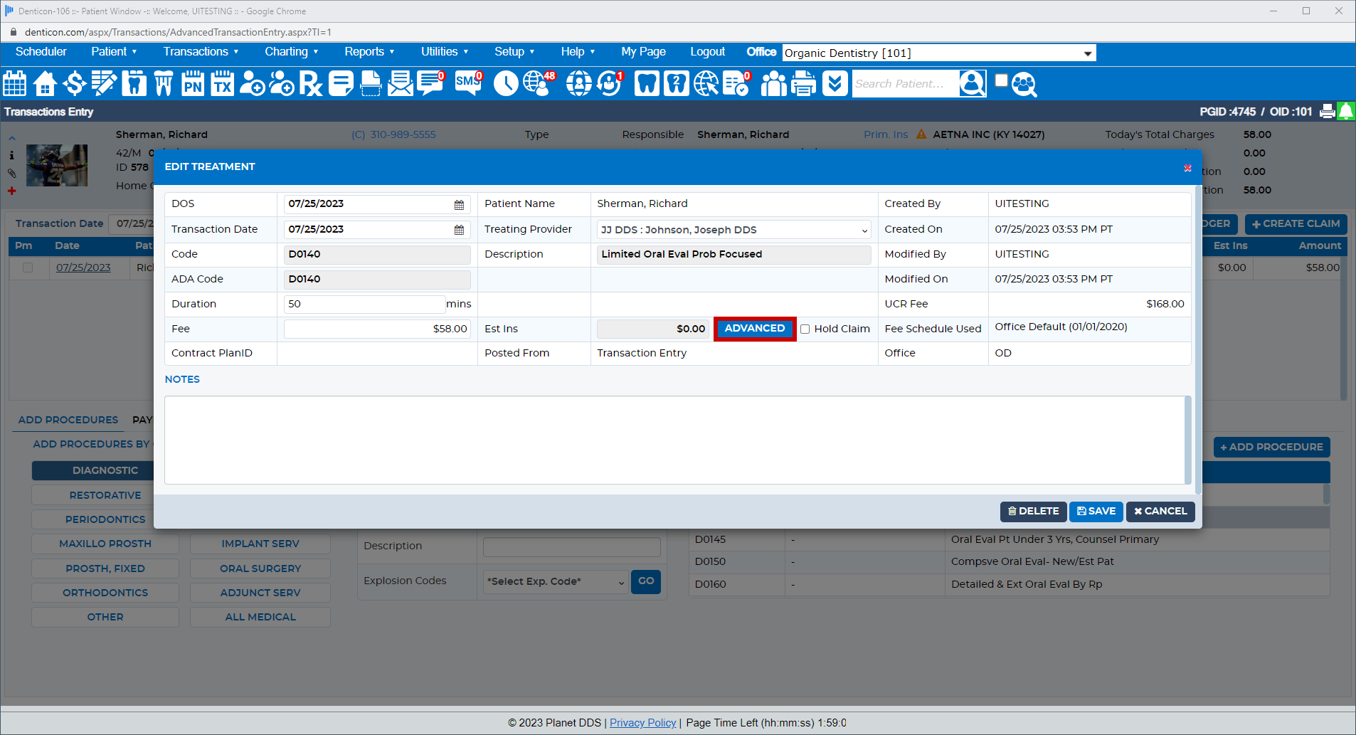 At the time of service the patient stated there was no insurance ...